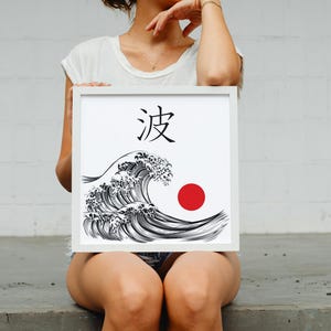 Japanese Wave Wall Art Kanji Ocean Print Minimalist Japan Poster Red ...