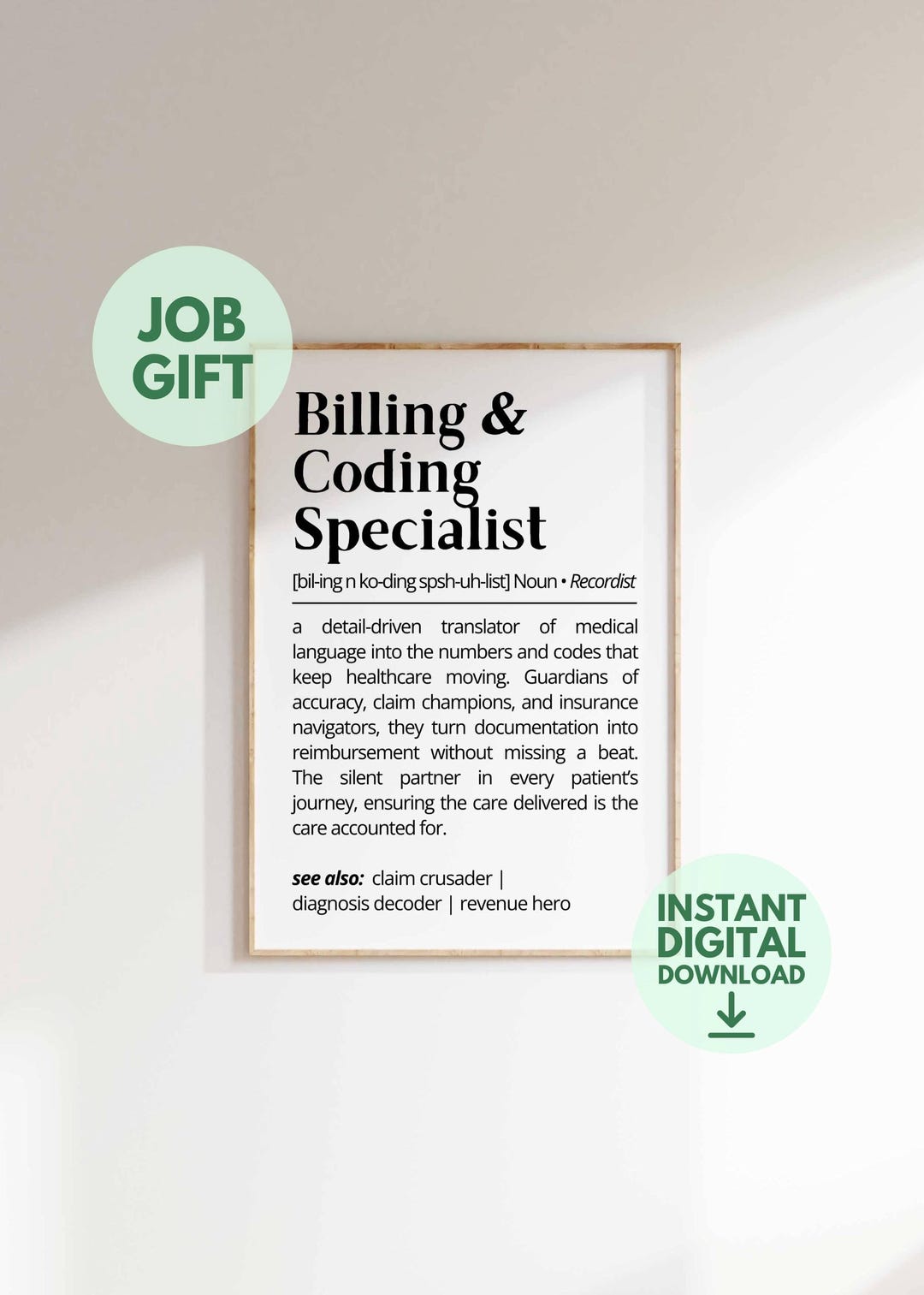 Billing & Coding Specialist Definition Printable Minimalist Office Wall ...