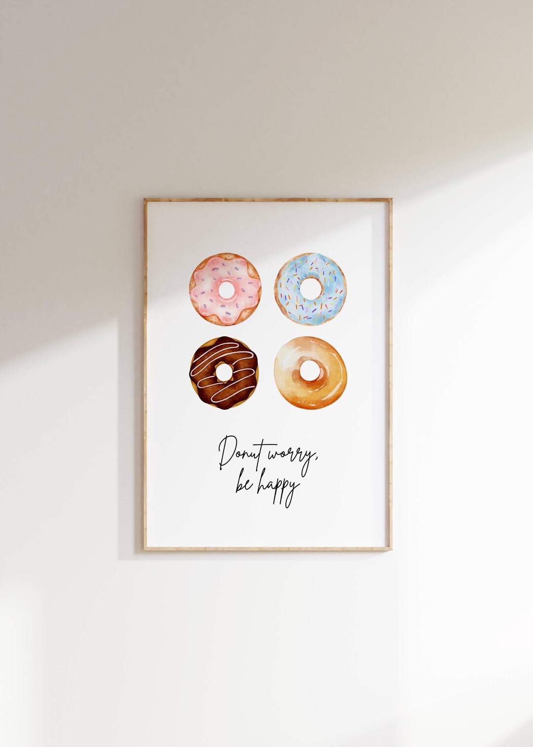 Donut Worry Be Happy Print: Watercolor Donut Kitchen Art (digital ...