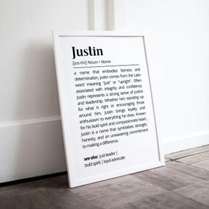 Justin Name Definition Wall Art Printable Personalized Inspiration ...