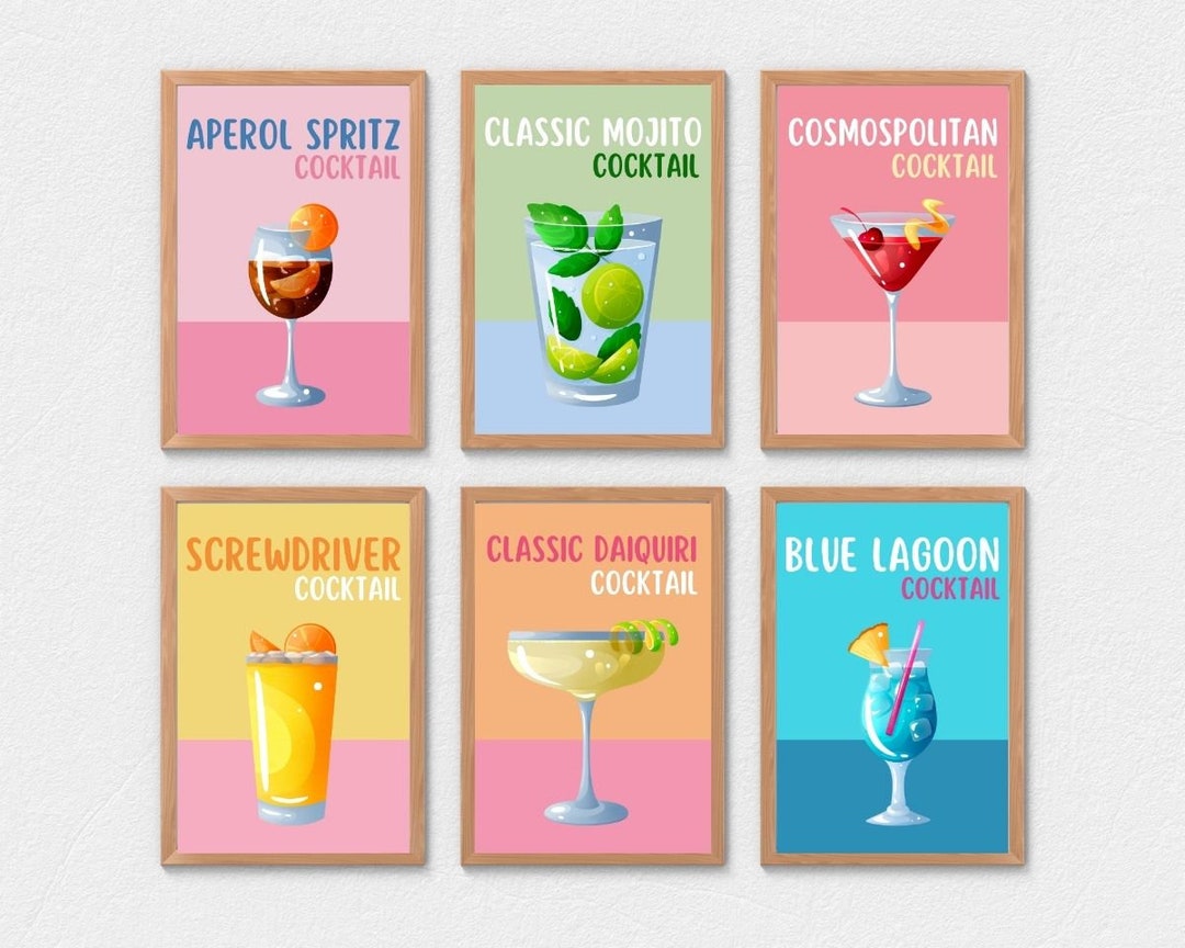 Cocktail Poster Set of 6 Classics, Digital Bar Cart Art, Vibrant Drink ...