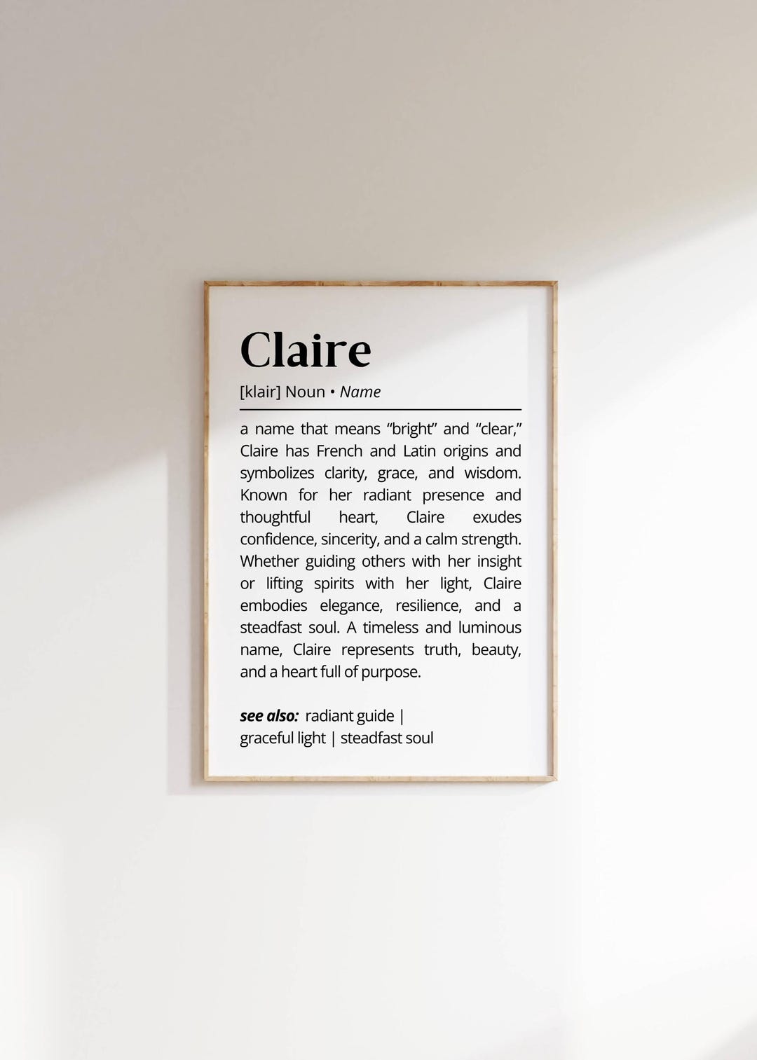 Claire Name Definition Wall Art Personalized Name Meaning Gift ...