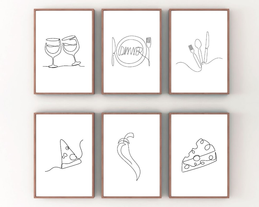 Kitchen Wall Art Set of 6, Line Drawing Kitchen Prints, Housewarming ...