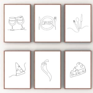 Kitchen Wall Art Set of 6, Line Drawing Kitchen Prints, Housewarming ...