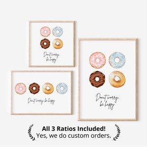 Donut Worry Be Happy Print: Watercolor Donut Kitchen Art (digital ...
