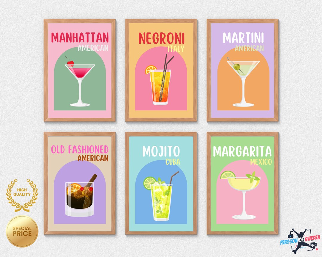Cocktail Poster Set of 6, Digital Bar Cart Art, Vibrant Drink Prints ...