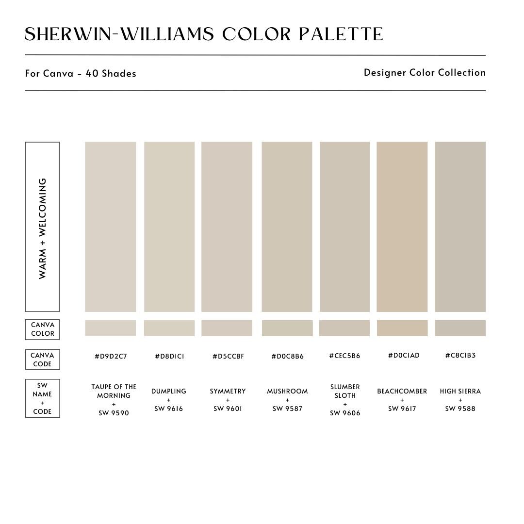 40 Shades Sherwin-williams Warm and Welcome Color Palette for Canva ...