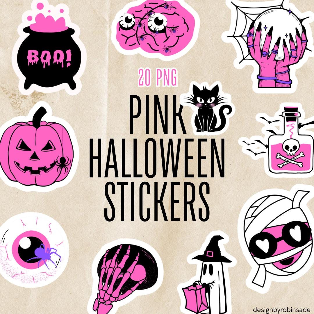 20 Pink Digital Halloween Stickers, Transparent Stickers, Halloween ...