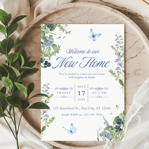 Blue Garden Housewarming Invitation | Elegant Floral Butterfly Template ...
