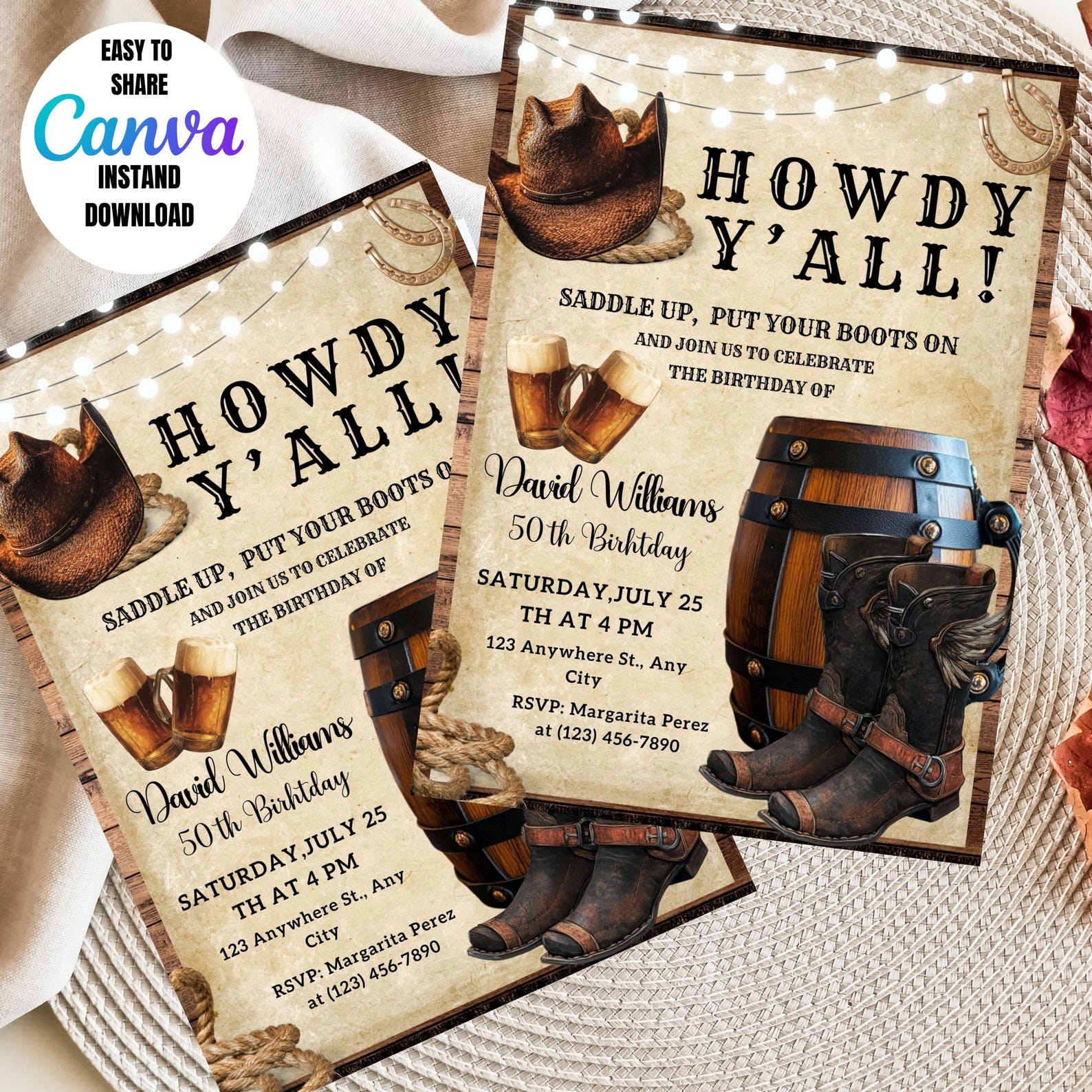 Editable 50TH Howdy Y'all Birthday Party Invitation -western Cowboy ...