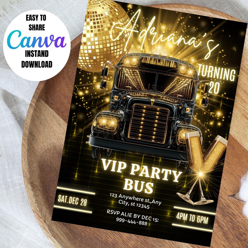 Party Bus Birthday Invitation,vip Party Bus Invite,editable ...