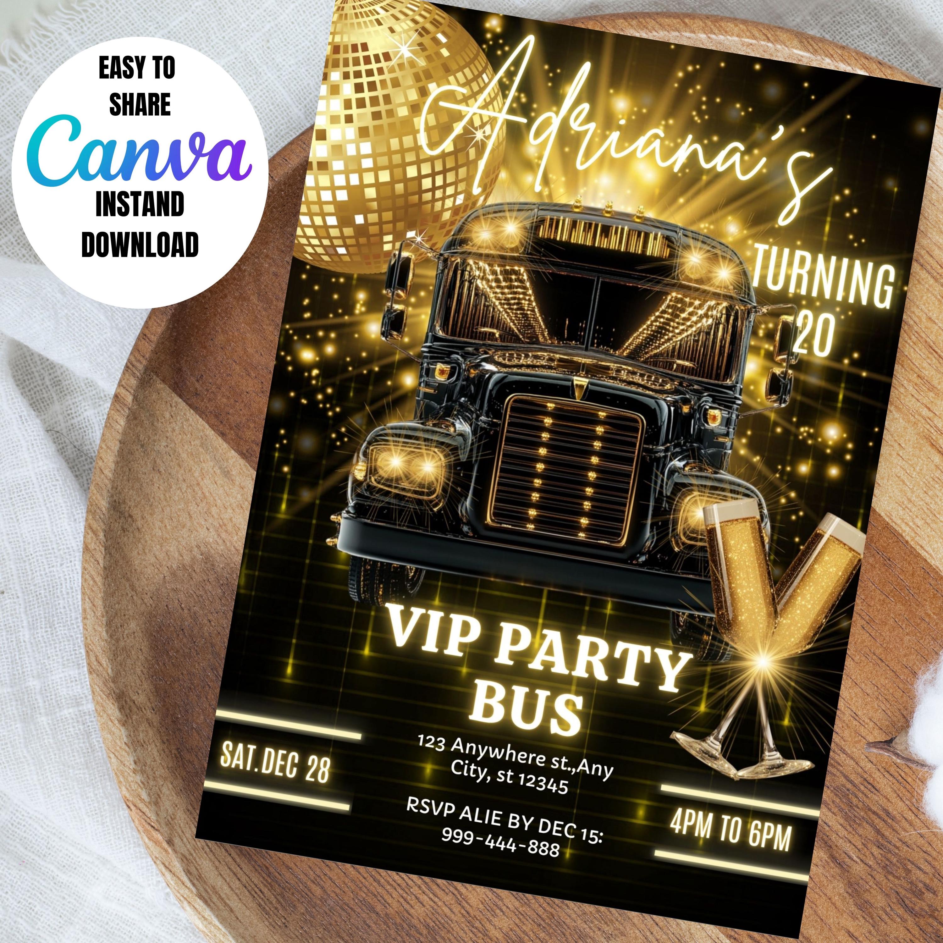 Party Bus Birthday Invitation,vip Party Bus Invite,editable ...