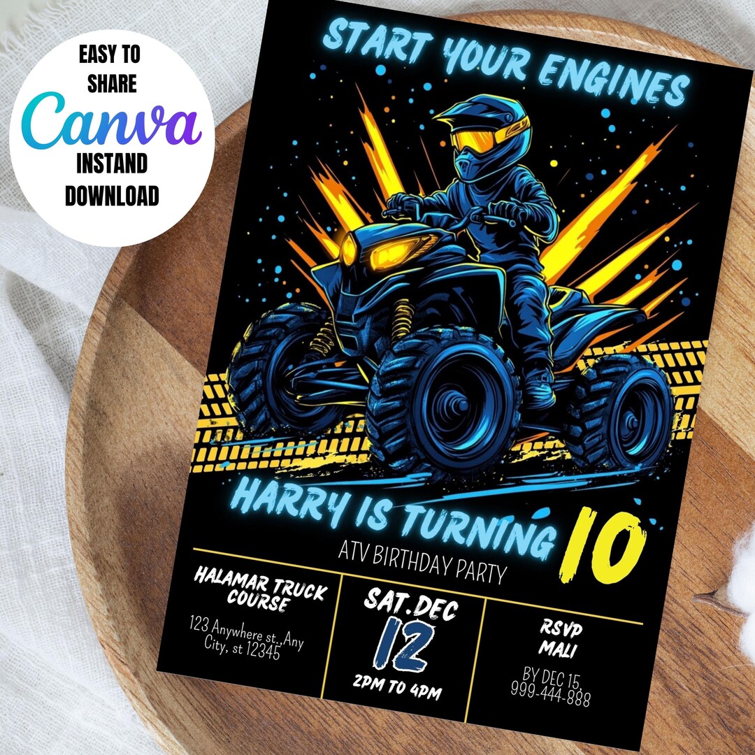 10TH ATV Birthday Invitation,quad Bike Party Ticket,editable Canva ...