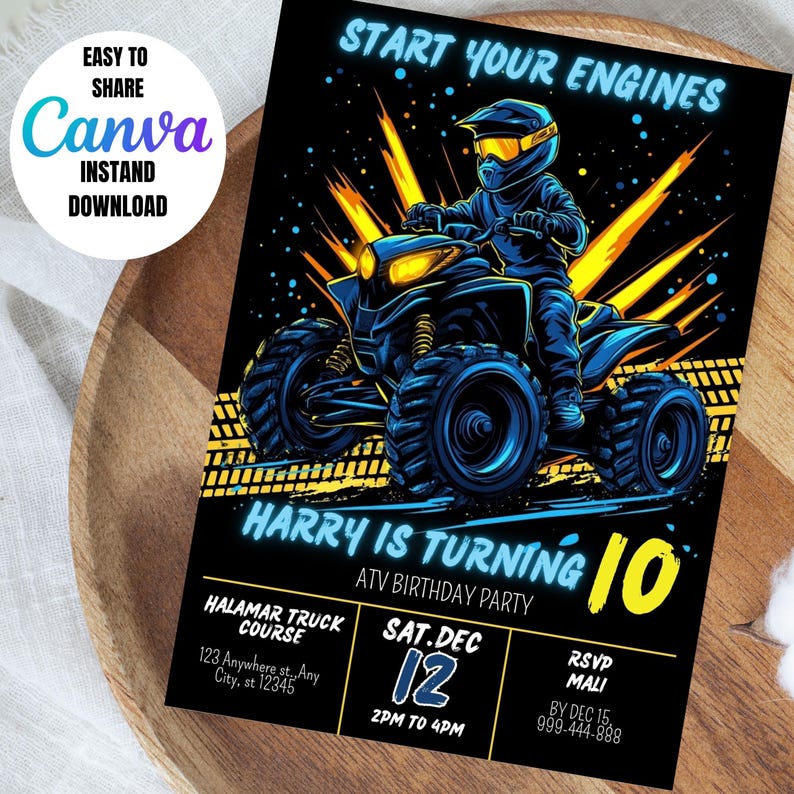 10TH ATV Birthday Invitation,quad Bike Party Ticket,editable Canva ...