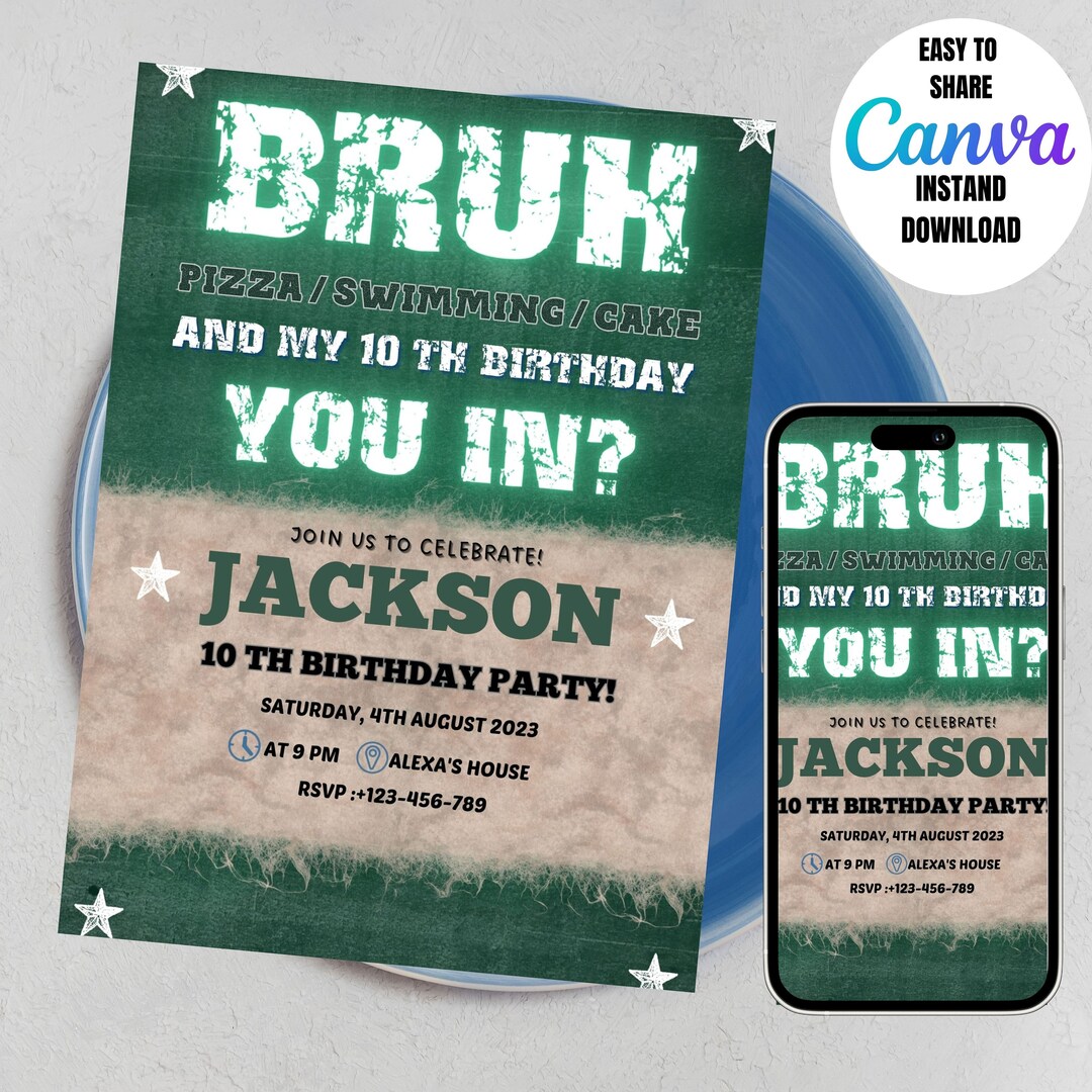 Bruh Neon 10th Birthday Invitation, Boy Birthday Invitation,teenager ...