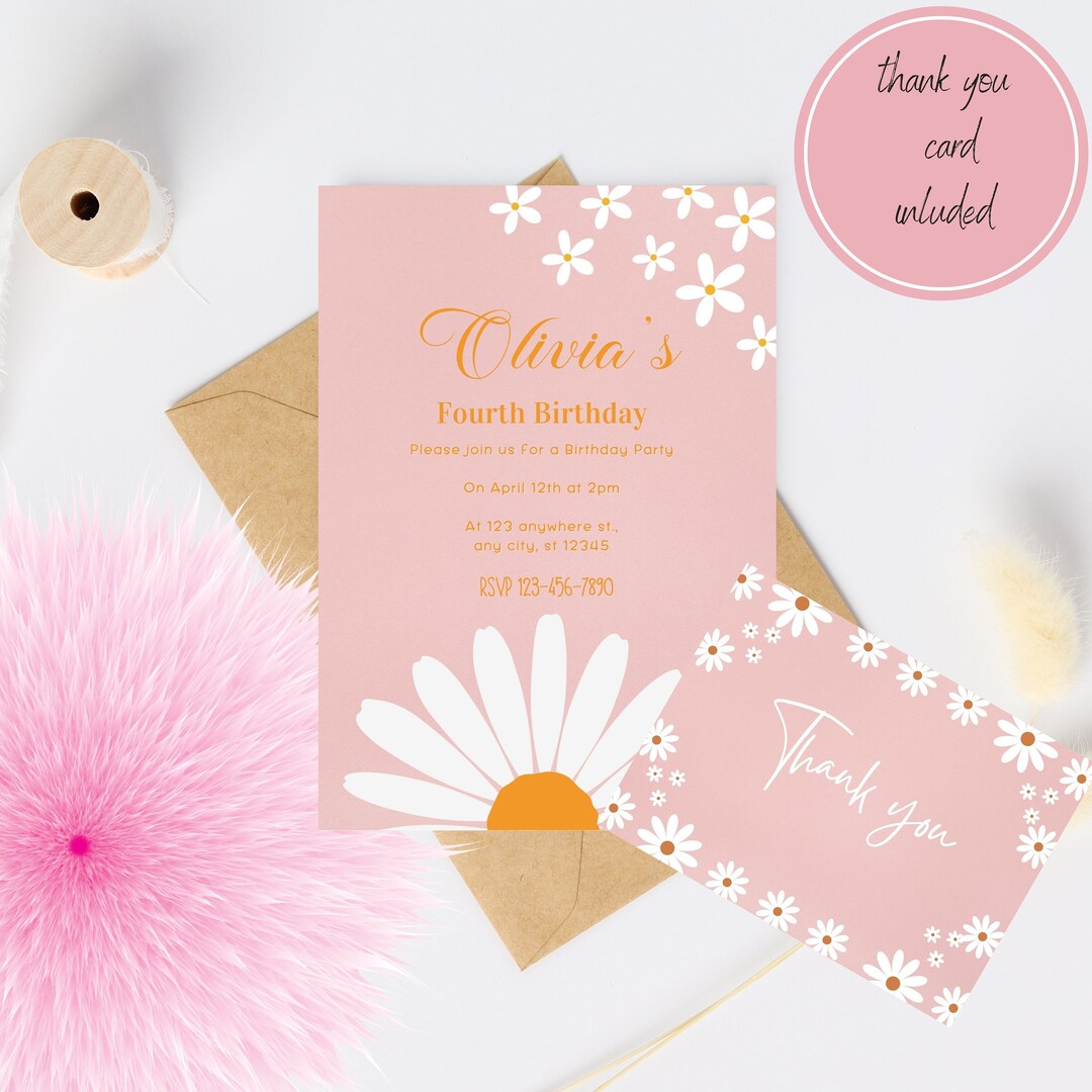 Retro Daisy Birthday Party Invitations, Daisy Birthday Invitation ...