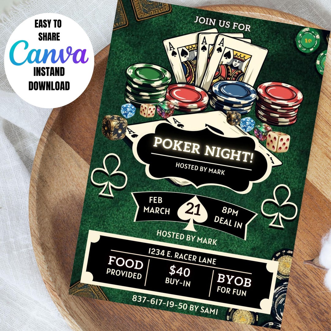 Green Editable Poker Night Invitation,casino Game Night Party Invite ...