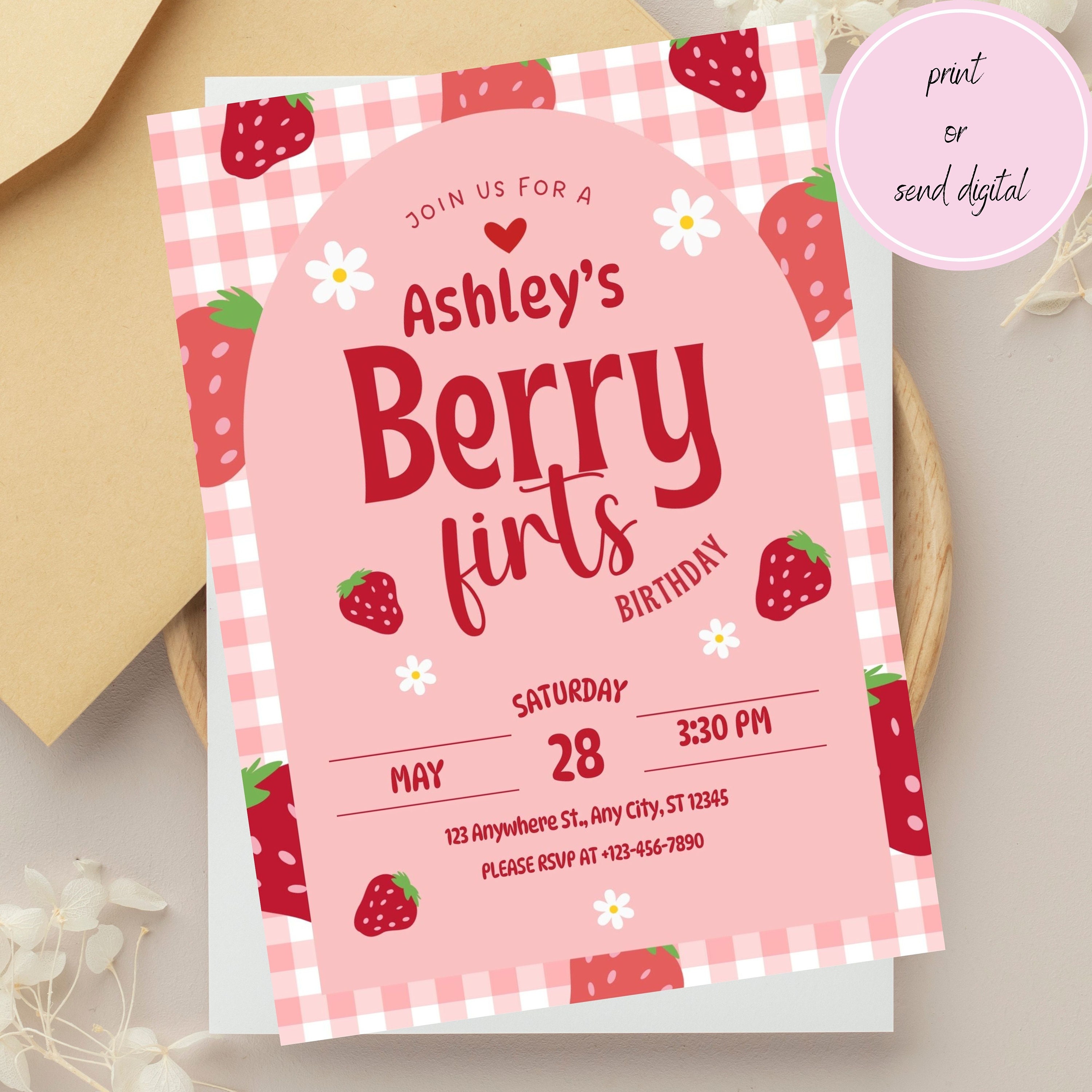 Editable Berry First Birthday Invitation Template,gingham Berry First ...