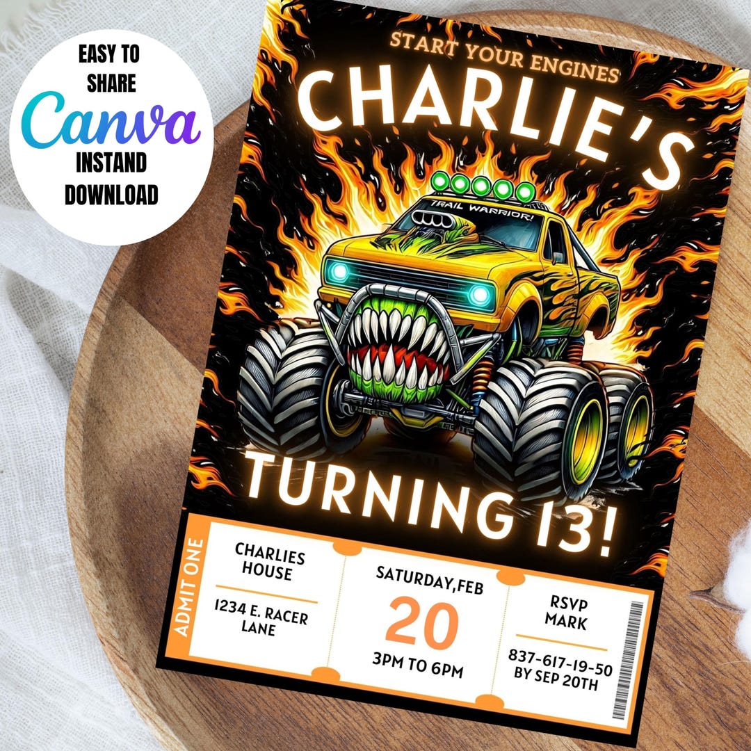 Editable Flame Monster Truck Birthday Invitation Canva Template,instant ...