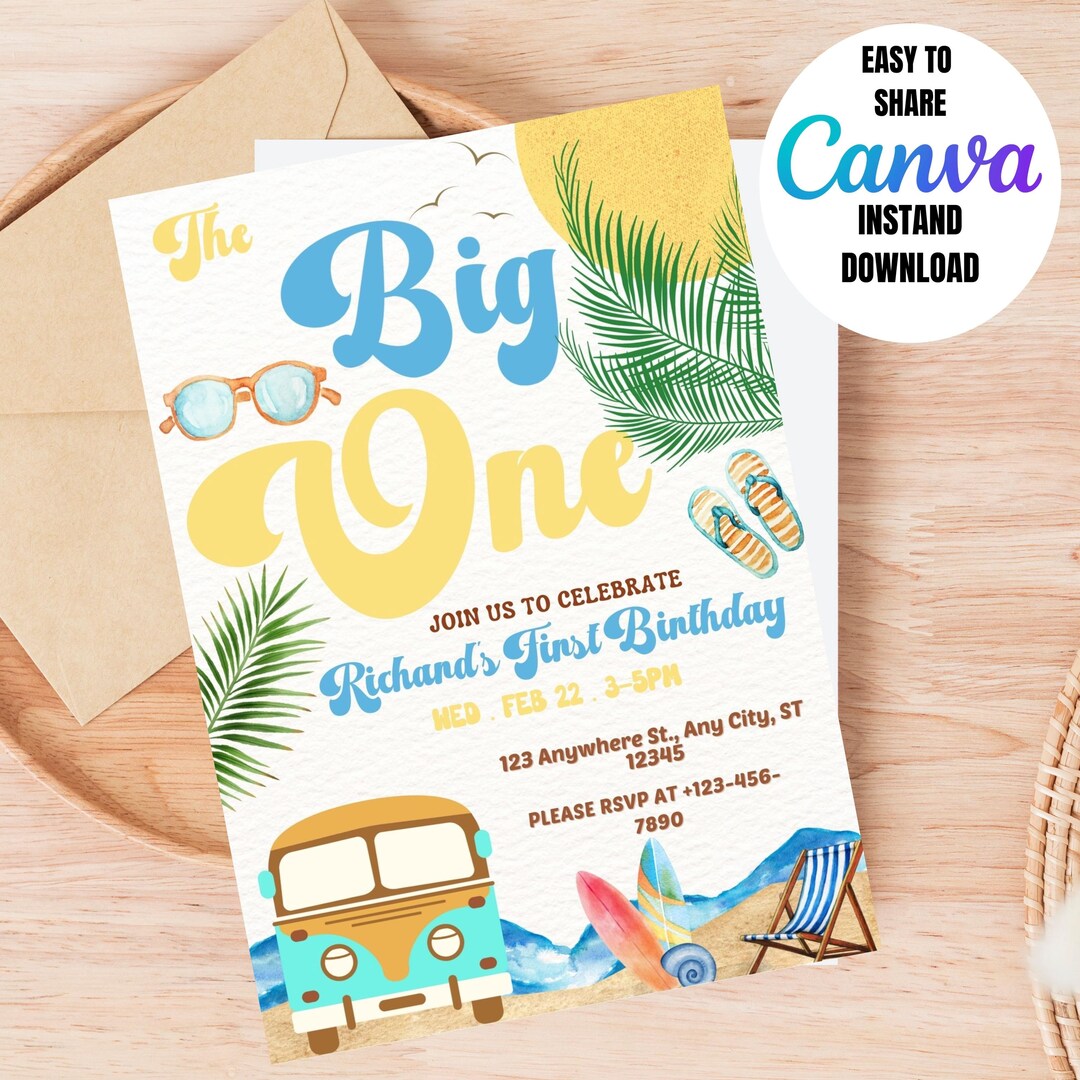 Editable Boy the Big One Birthday Invitation Surf 1st Birthday Party ...