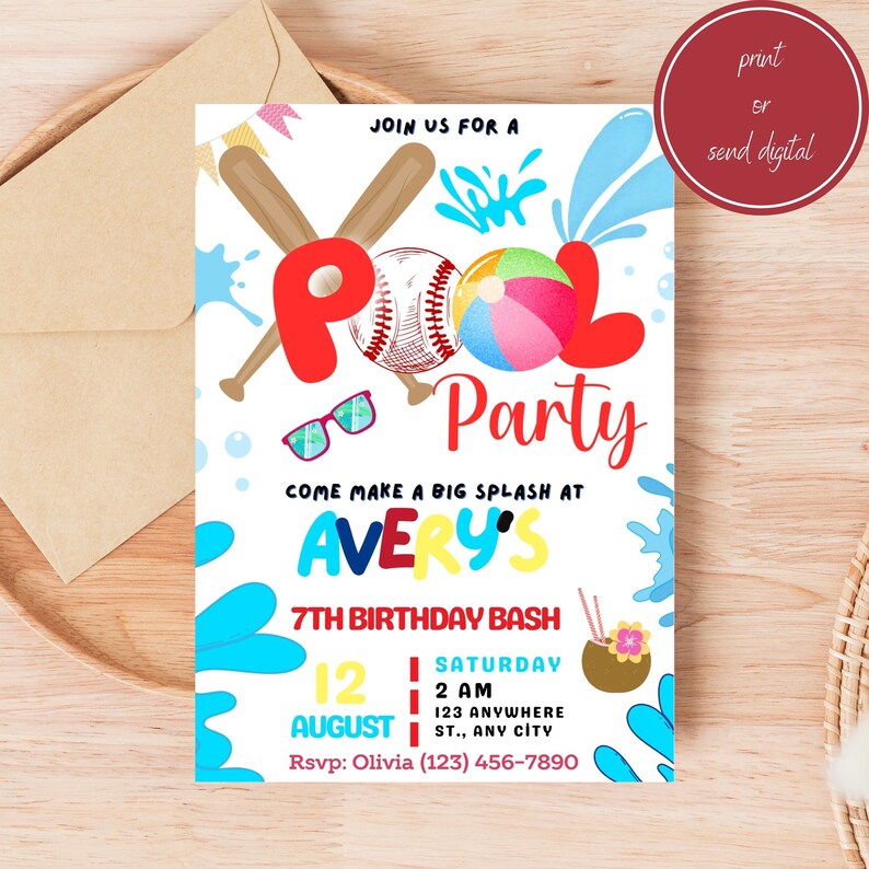 Editable Baseball Pool Birthday Party Invitation,sports Birthday,summer ...