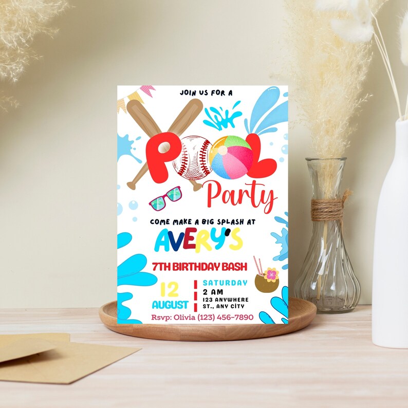 Editable Baseball Pool Birthday Party Invitation,sports Birthday,summer ...