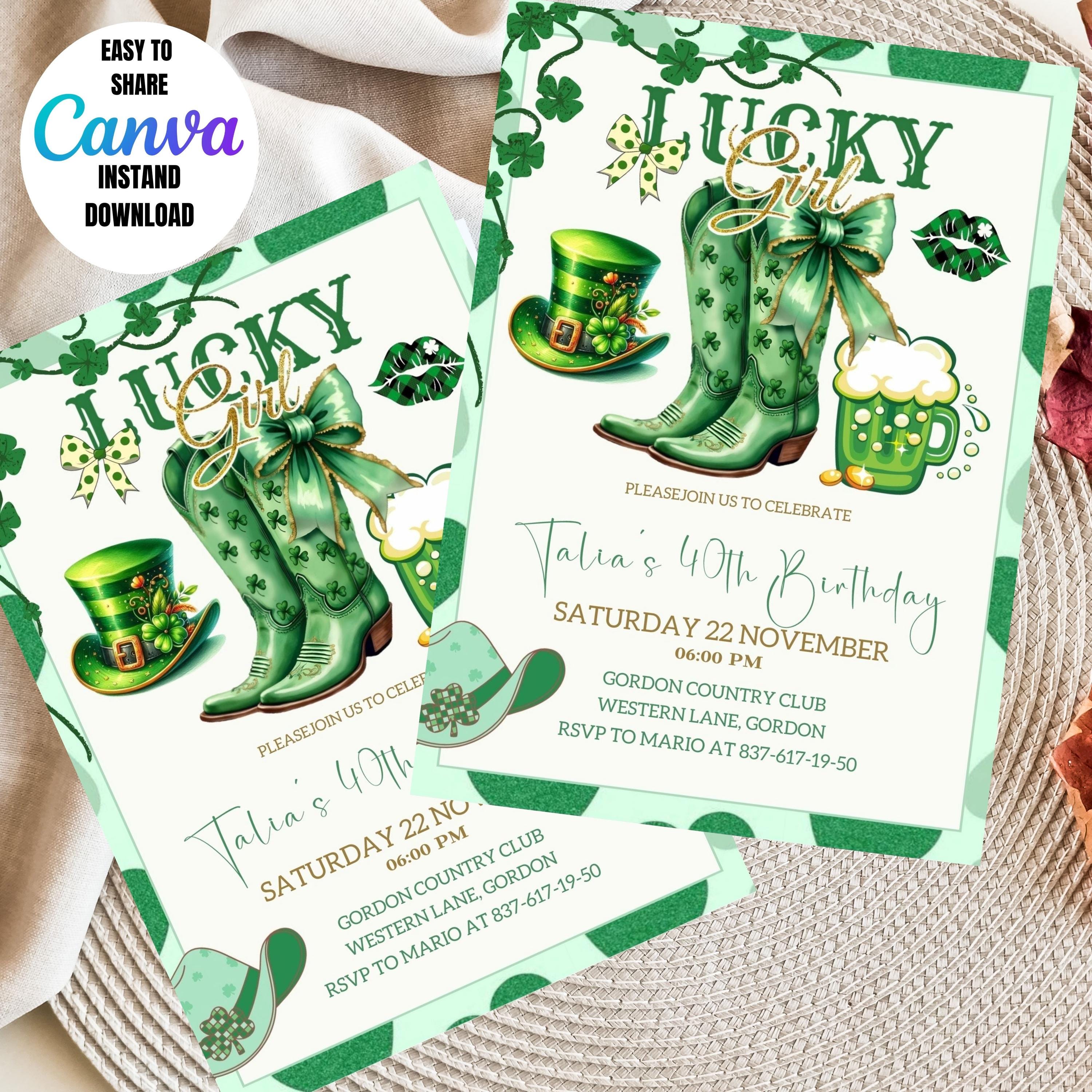 St. Patrick's Lucky Gril Birthday Invitation Editable Canva Template,shamrock Saint Patricks Day ...