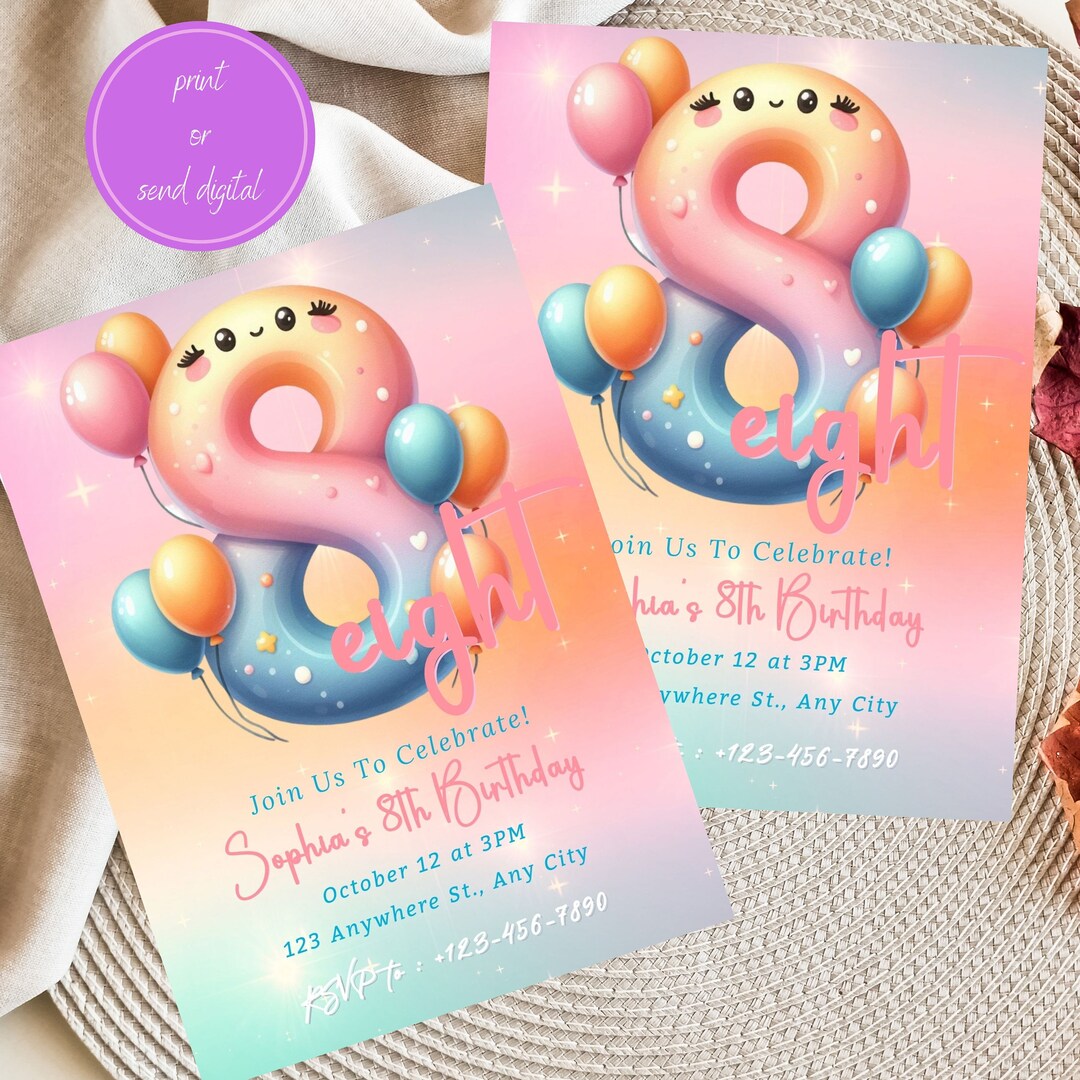 Editable Balloon 8th Birthday Invitation Template, Glitter Birthday ...
