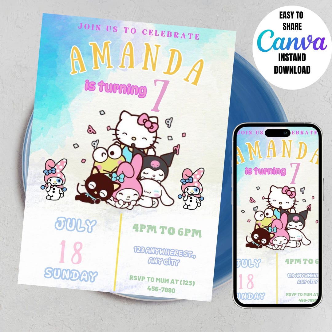 Digital Editable Kawaii Cat Invitation Template, Digital Editable Kitty ...