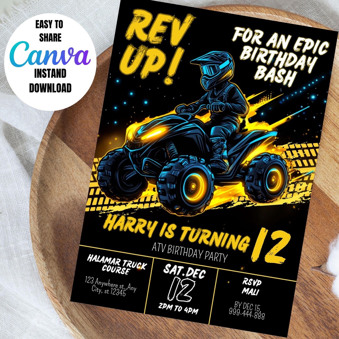 12TH ATV Birthday Invitation,quad Bike Party Ticket,editable Canva ...