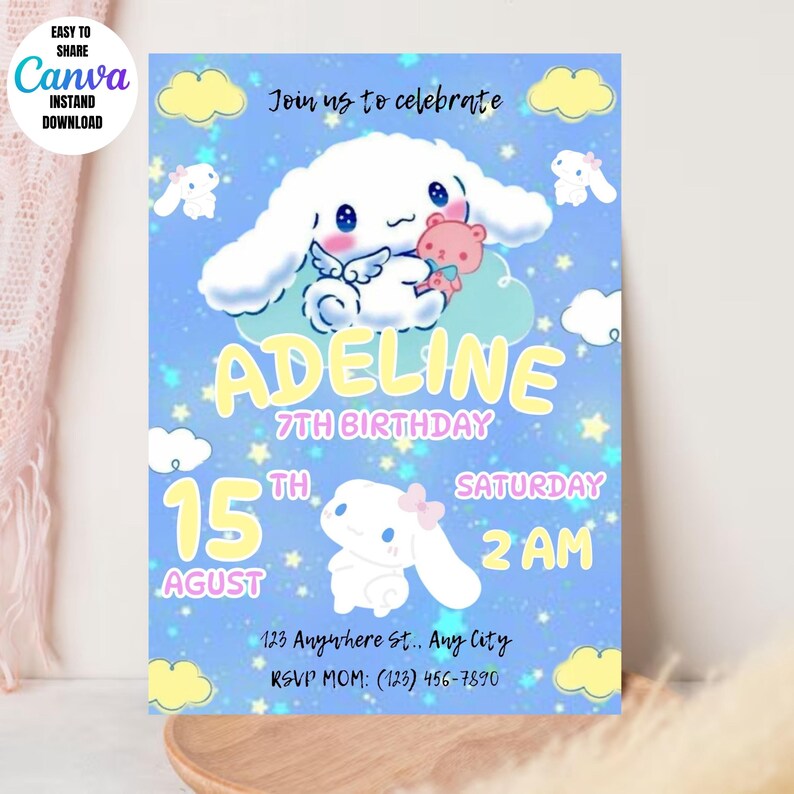 Editable Yellow Kawaii Bunny Invitation,kitty and Friends Birthday ...