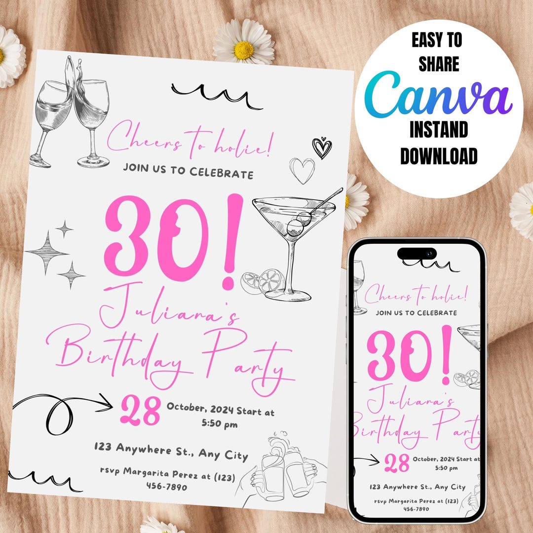 Editable Cocktail Birthday Party Invitation,modern Hand Drawn Scribble ...