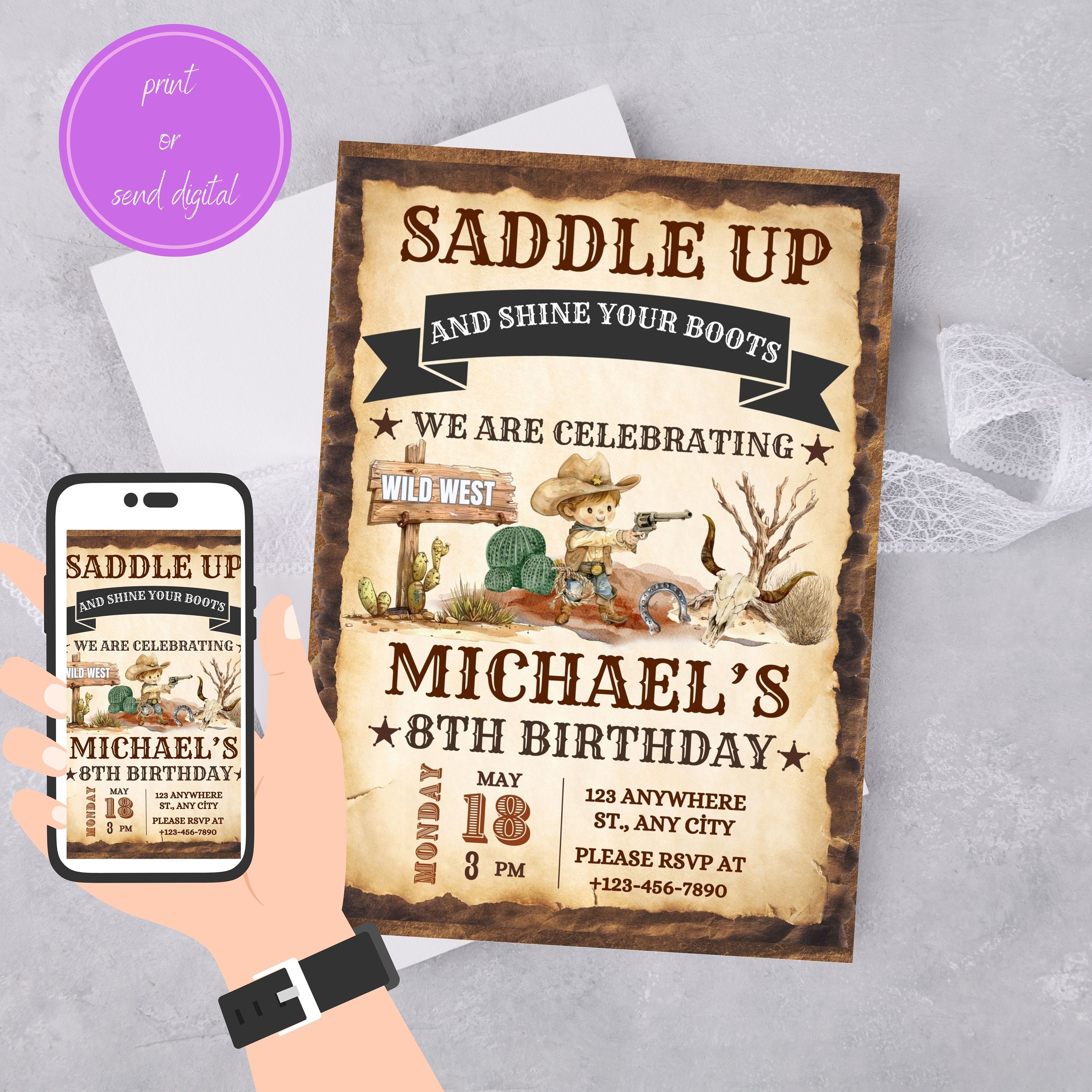 Editable saddle Up Birthday Party Invitation western Cowboy Digital Invite Rustic Country Boots ...