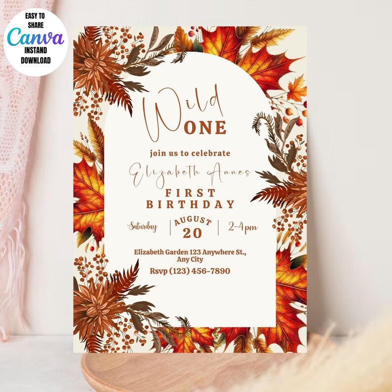 Editable Fall Wildflower Wild ONE 1st Birthday Invitation Fall Floral ...