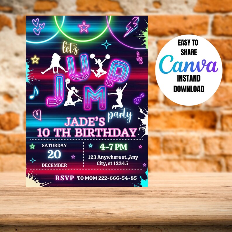 Editable Glow Girl Trampoline Park Birthday Party Invitation,bounce ...
