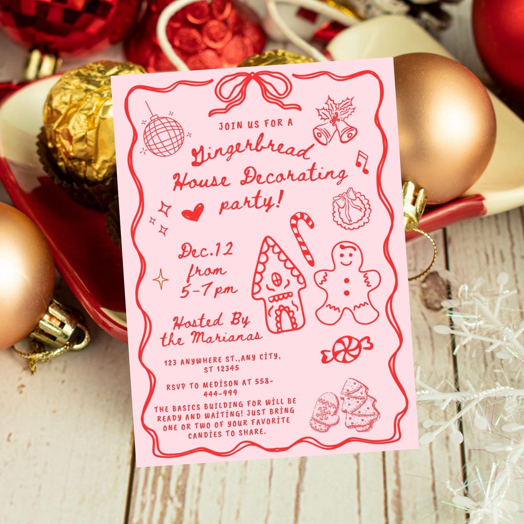 Hand Drawn Style Gingerbread House Decorating Party Invitation Template ...