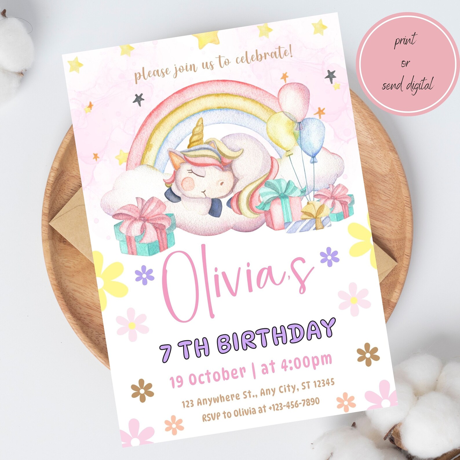 Pastel Rainbow Birthday Invitation for Girl,editable Pastel Rainbow ...