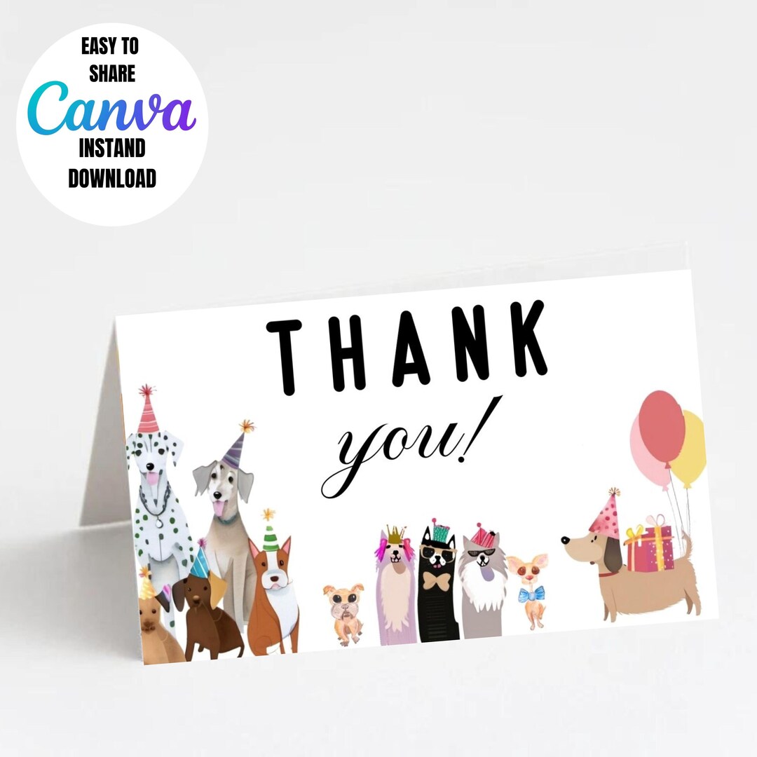 Puppy Pawty Editable Thank You Card, Dog Theme, Dog Birthday Party ...