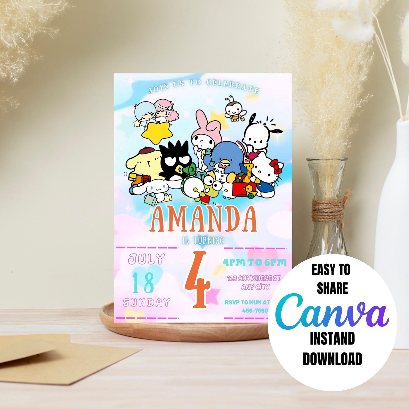 4th Kawaii Cat Invitation Template, Digital Kitty and Friends ...