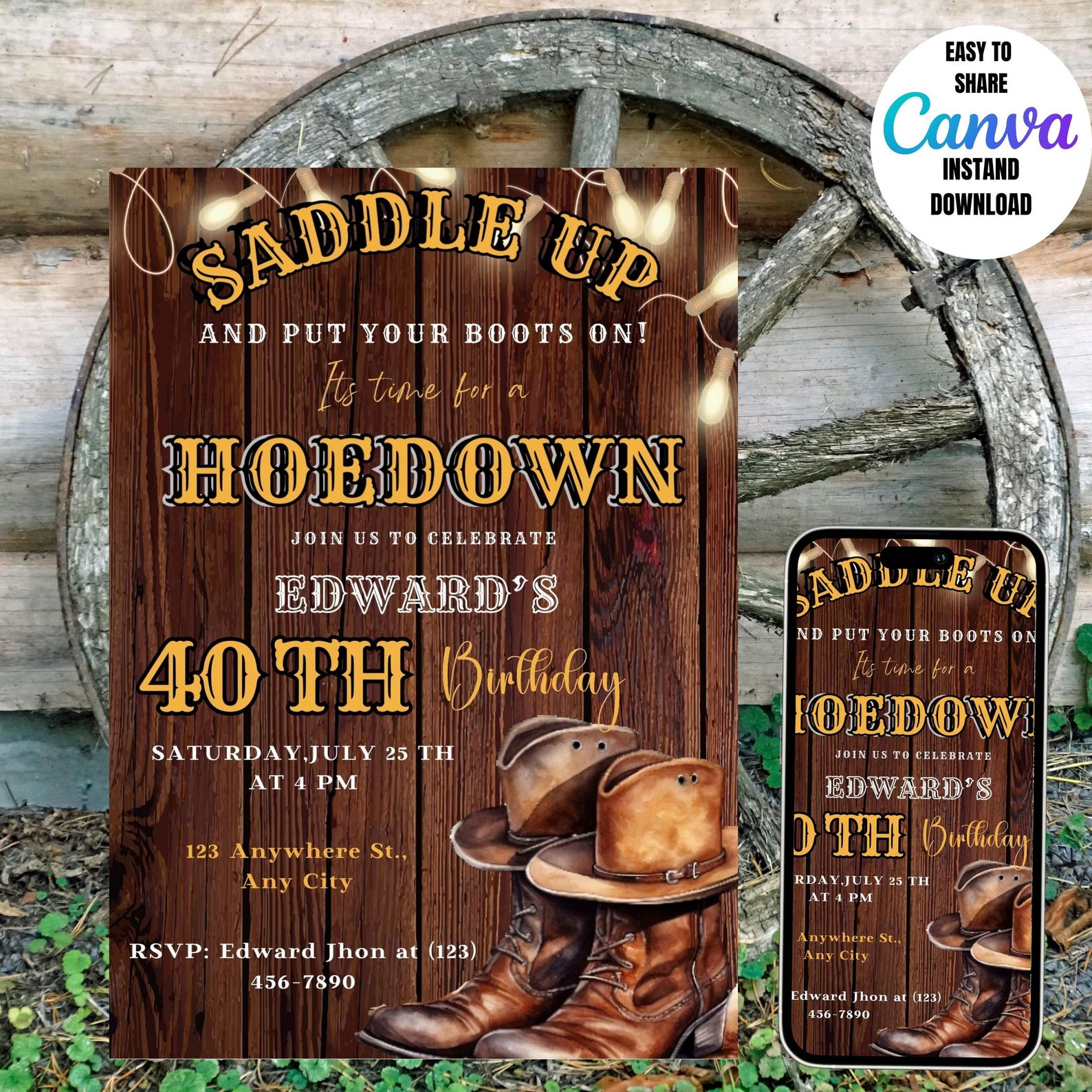 40th Western Hoedown Birthday Party Invitation - Cowboy Digital Invite ...