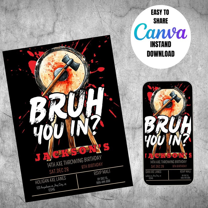 14th Axe Throwing Invitation,ax Throw Birthday,editable Canva Template ...