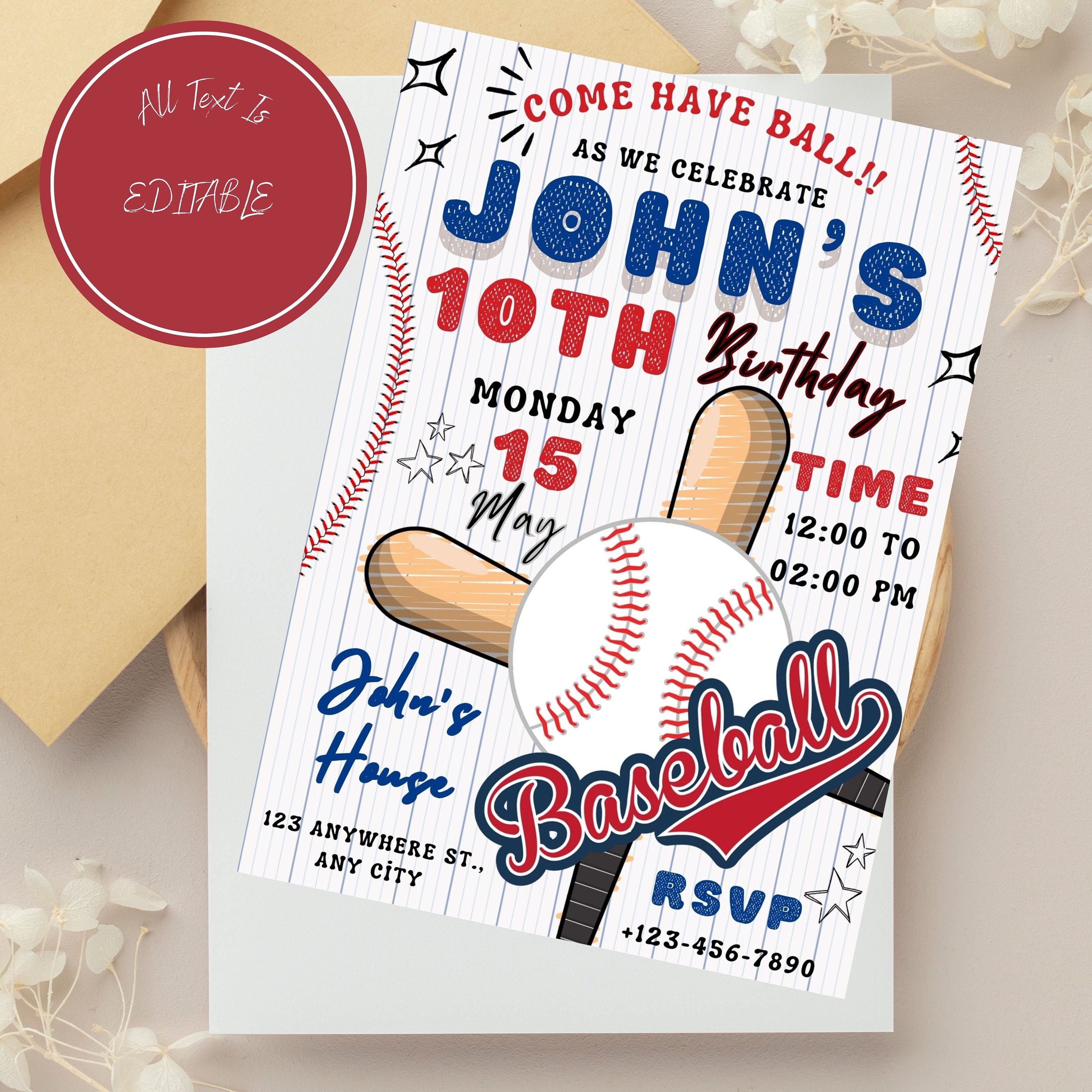 Editable Baseball Birthday İnvitation,baseball Invite Navy Blue Red Boy ...