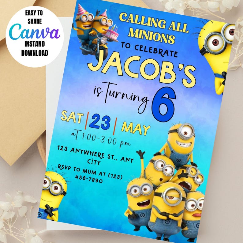Despicable Me Birthday Invitation,editable for Boy and Girl Kids ...