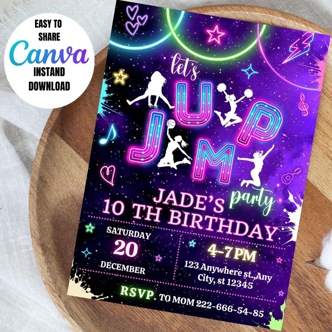 Glow Girl Trampoline Park Birthday Party Invitation,bounce House Jump ...