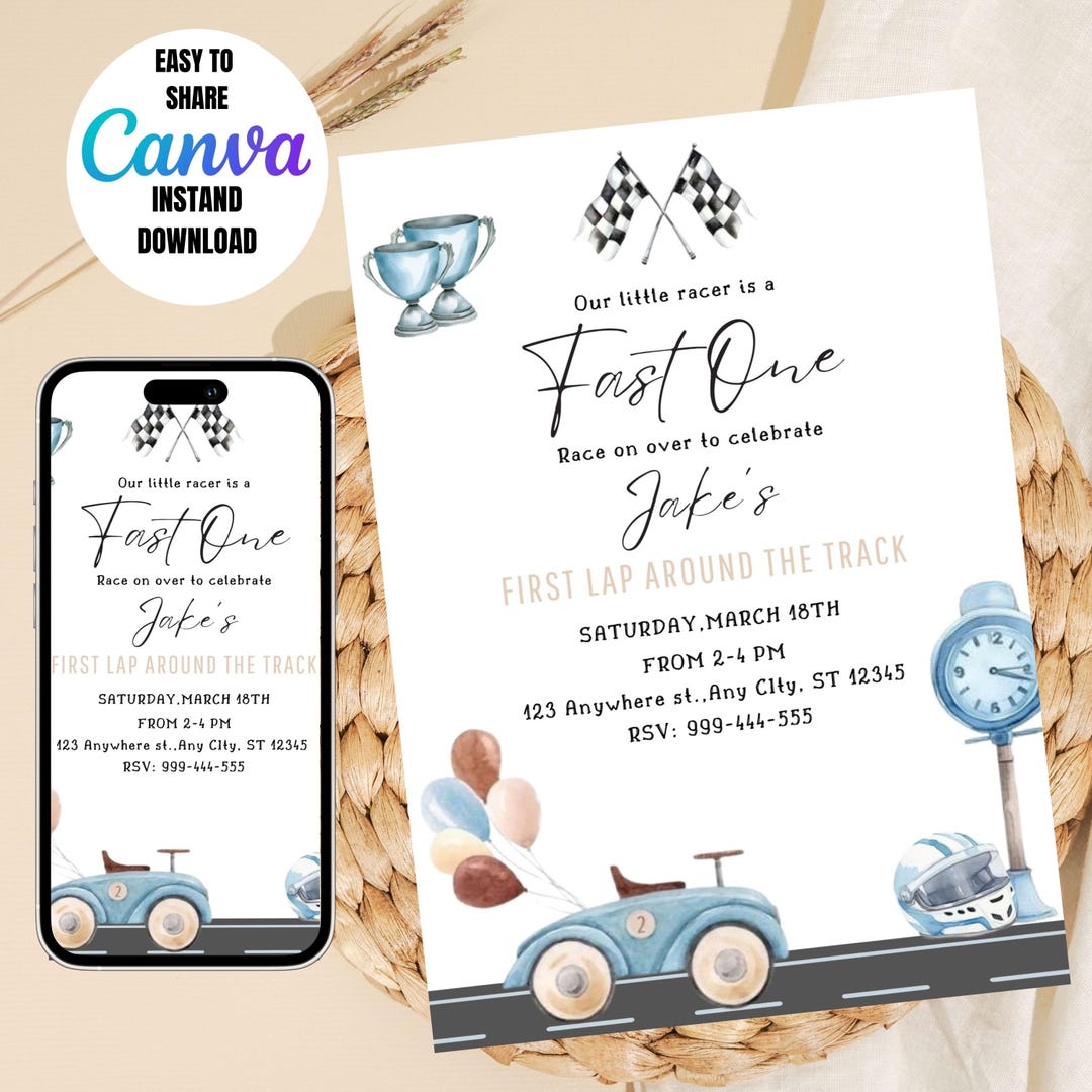 Editable Fast One First Birthday Invitation,first Lap Around the Track ...