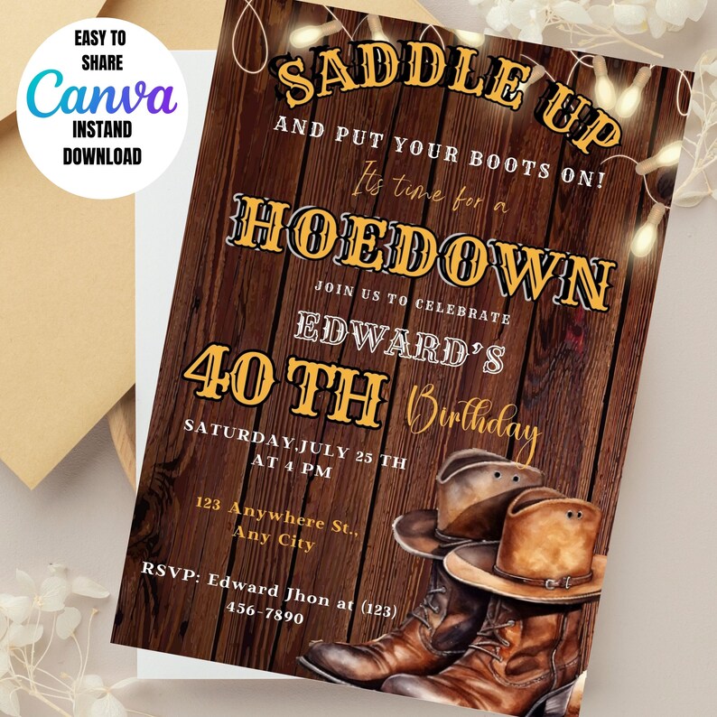 40th Western Hoedown Birthday Party Invitation - Cowboy Digital Invite ...