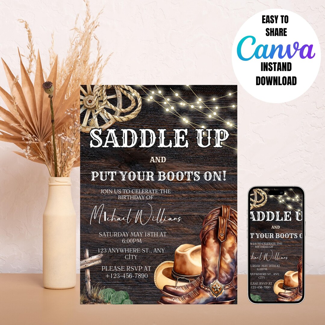 Editable Saddle up Birthday Party Invitation,cowboy Digital Invite for ...