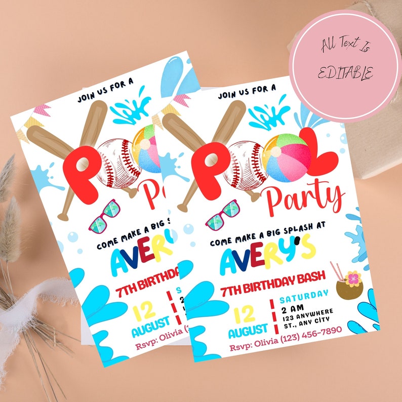 Editable Baseball Pool Birthday Party Invitation,sports Birthday,summer ...