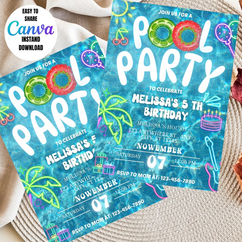 Neon Pool Party Birthday Invitation Girl,editable Neon Summer Evite, Glow Pool Party,swim Party ...