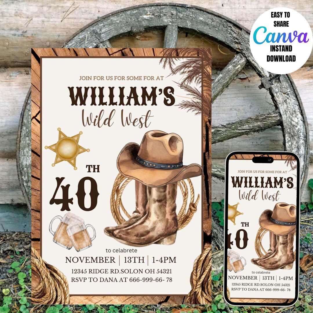 40TH Wild West Cowboy Birthday Party Invitation,editable Western ...